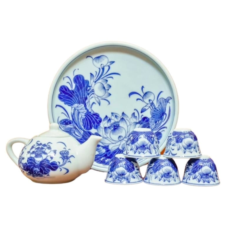 Bộ Ấm Chén Bàn Thờ Men Lam Vẽ Hoa Sen 231140 - Gốm Thiên Long