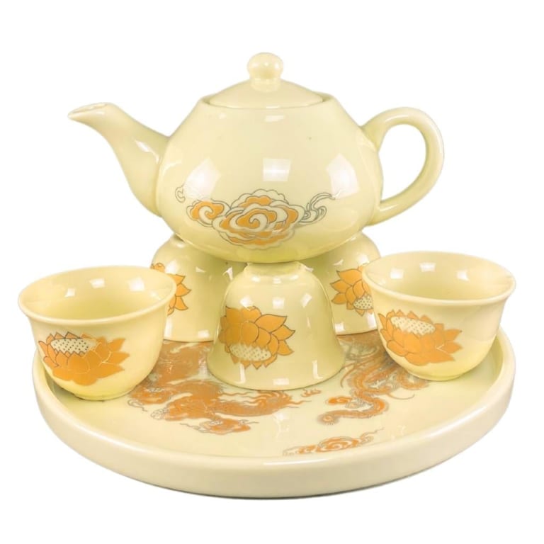 Bộ Ấm Chén Bàn Thờ Màu Vàng Vẽ Ánh Kim Hoa Sen 231142 - Gốm Thiên Long