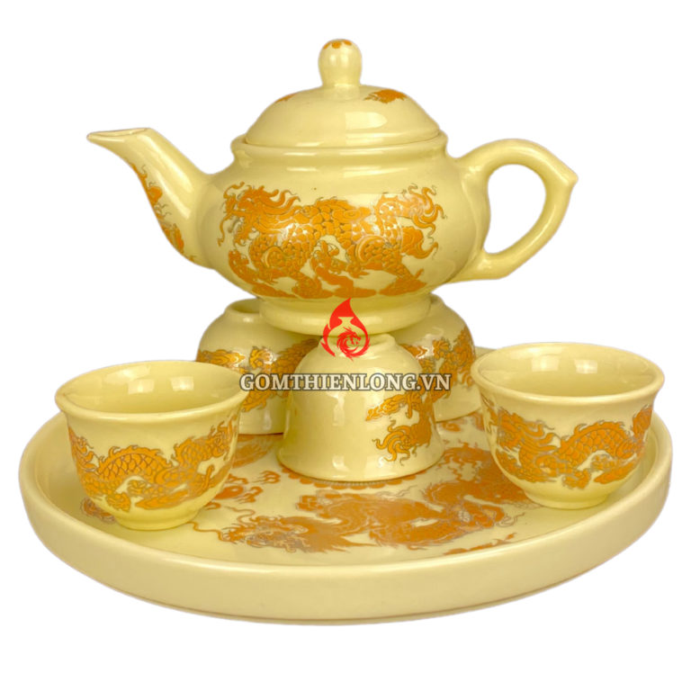 Bộ Ấm Chén Bàn Thờ Màu Vàng Vẽ Ánh Kim 231133 - Gốm Thiên Long