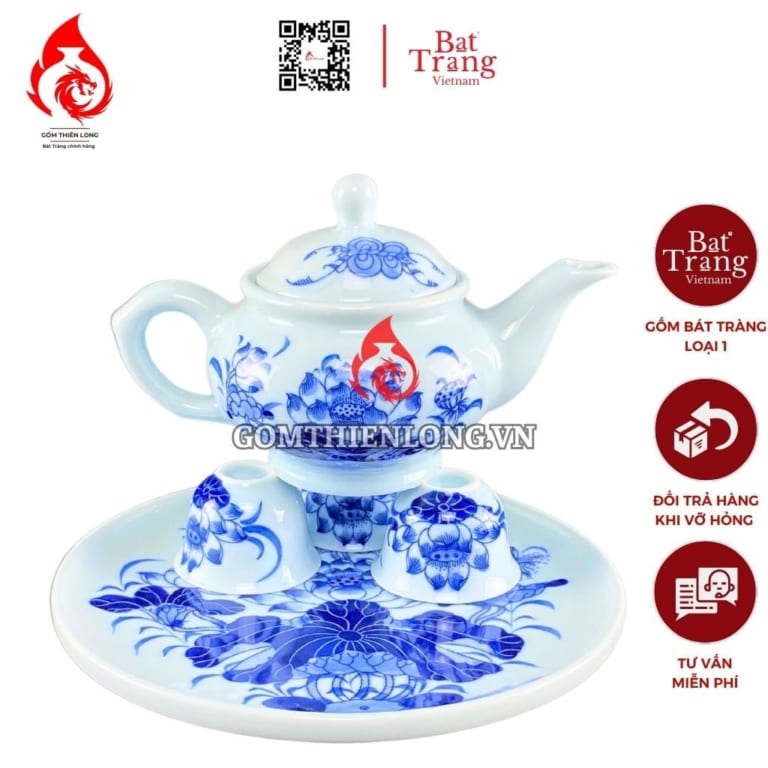 Bộ Ấm Chén Bàn Thờ Men Xanh Lam Ngọc Vẽ Vàng Hoa Sen 231132