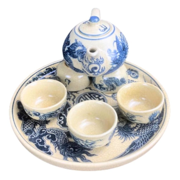 Bộ Ấm Chén Bàn Thờ Men Rạn Vẽ Rồng Phượng 231138 - Gốm Thiên Long