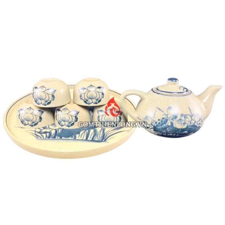 Bộ Ấm Chén Bàn Thờ Men Rạn Vẽ Hoa Sen 231139 - Gốm Thiên Long