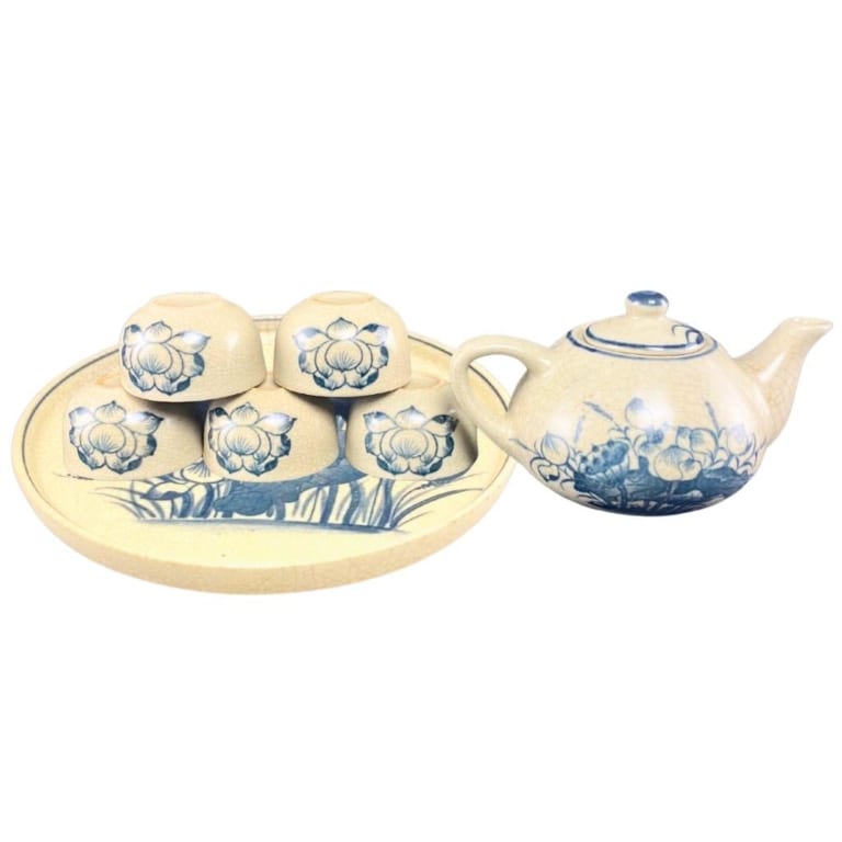 Bộ Ấm Chén Bàn Thờ Men Rạn Vẽ Hoa Sen 231139 - Gốm Thiên Long