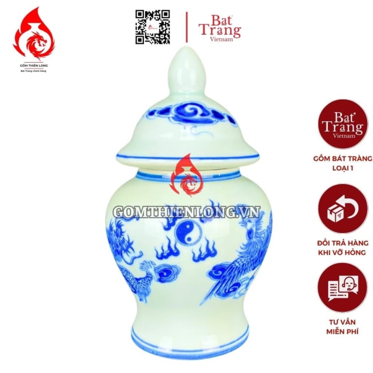Chóe Thờ Bát Tràng Men Lam Vẽ Rồng Phượng 230237 - Gốm Thiên Long