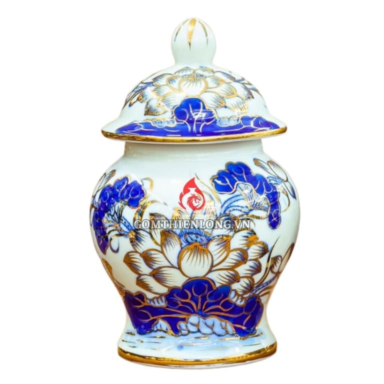 Chóe Thờ Bát Tràng Men Lam Vẽ Vàng Hoa Sen 230238 - Gốm Thiên Long