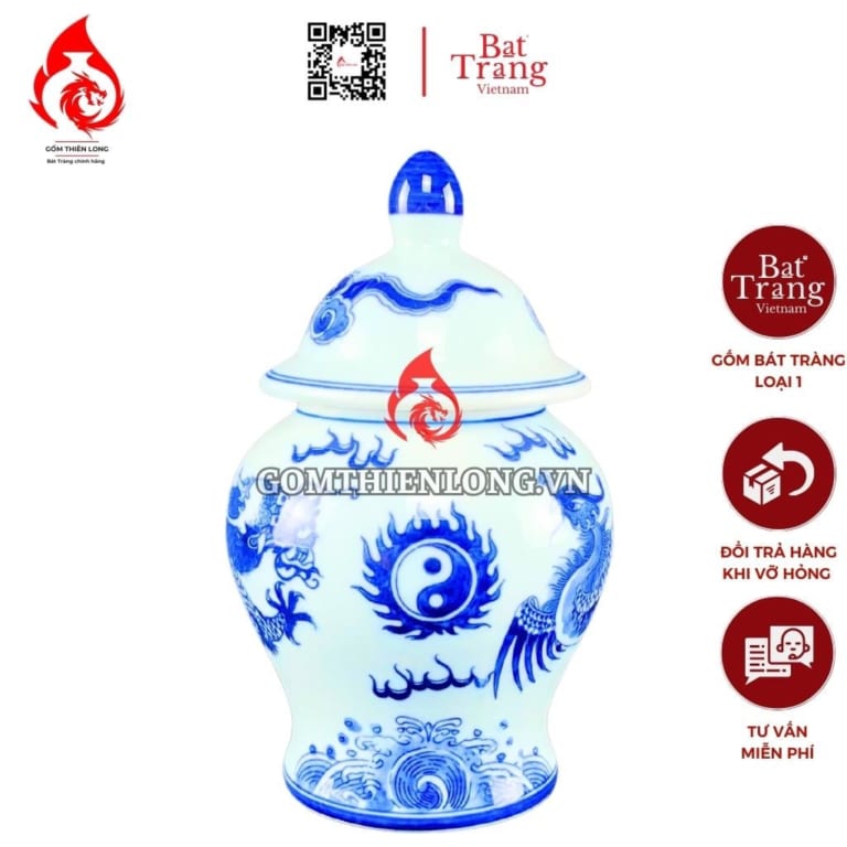 Chóe Thờ Bát Tràng Men Lam Ngọc Vẽ Rồng Phượng 231106 - Gốm Thiên Long