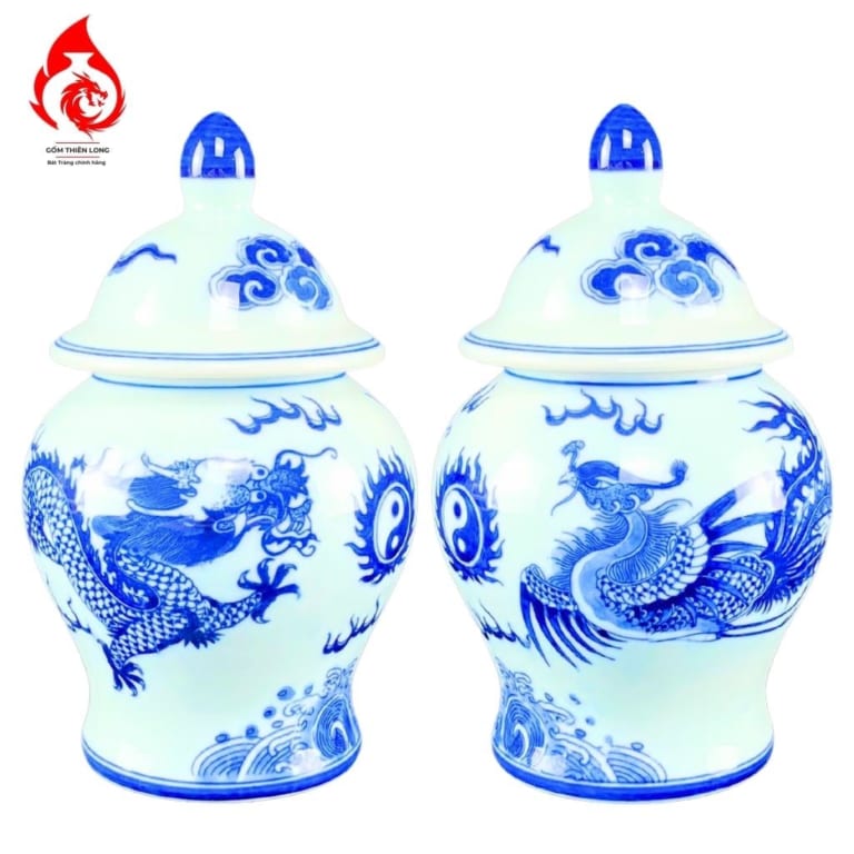 Chóe Thờ Bát Tràng Men Lam Ngọc Vẽ Rồng Phượng 231106 - Gốm Thiên Long