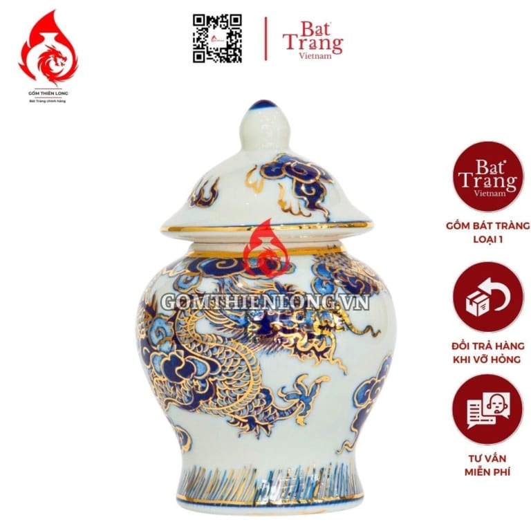 Chóe Thờ Bát Tràng Men Lam Vẽ Vàng Long Vân 230241 - Gốm Thiên Long