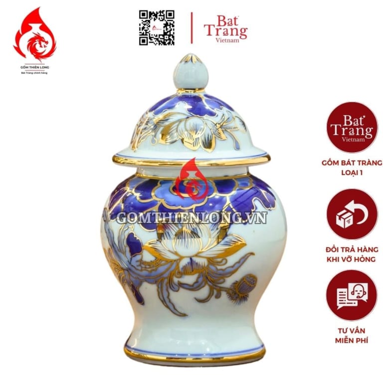 Chóe Thờ Bát Tràng Men Lam Vẽ Vàng Hoa Sen 230240 - Gốm Thiên Long
